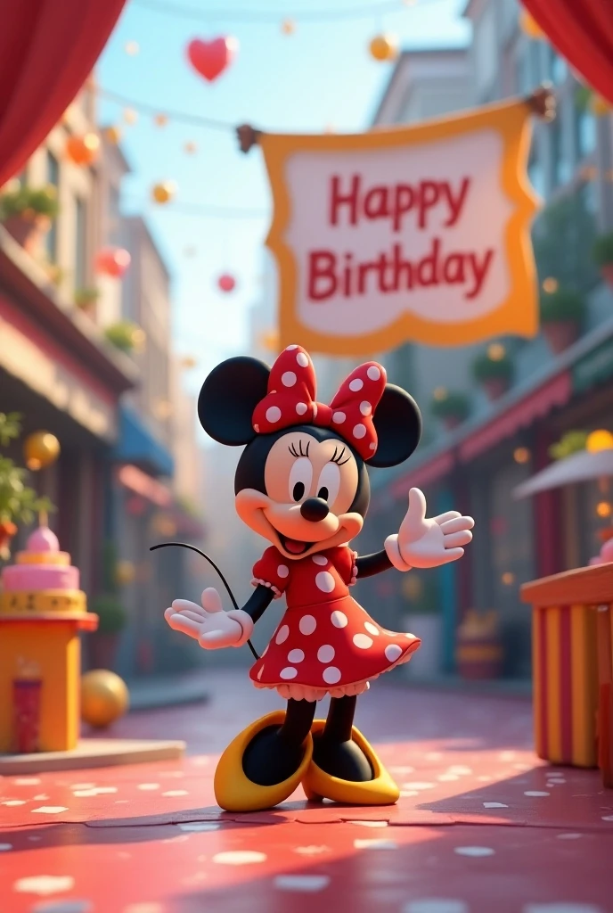Minnie mouse rose dans le theme anniversaire avec une banderole - SeaArt AI