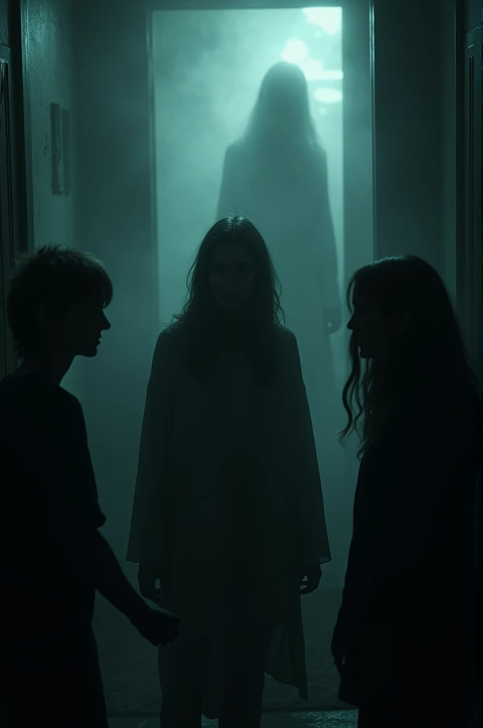 The final scene of the ghost standing behind one of the friends - SeaArt AI