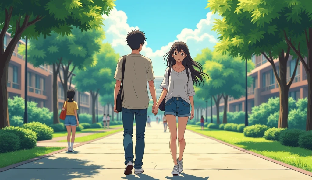 Anime Male and female students walking together on campus not shaking ...