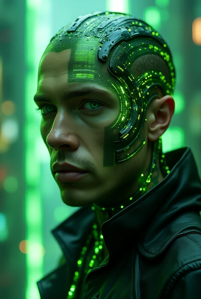 Create the face of a futuristic man in a futuristic city with a cover ...