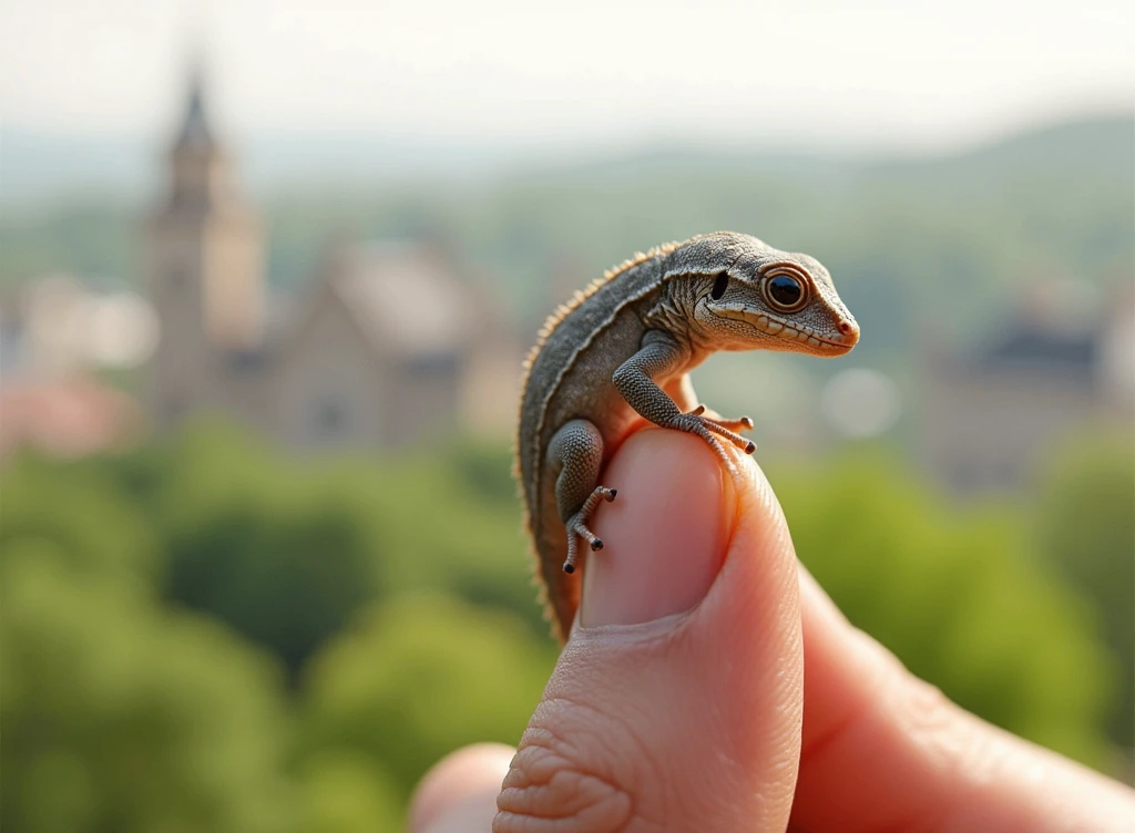 Create a hyper-realistic image of a tiny baby lizard sitting on a human ...