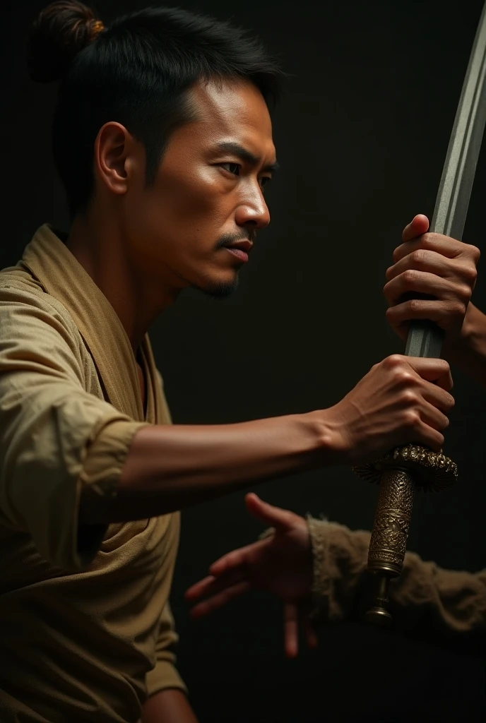 A burmese man offering a sword-hilt to a thief, detailed portrait ...