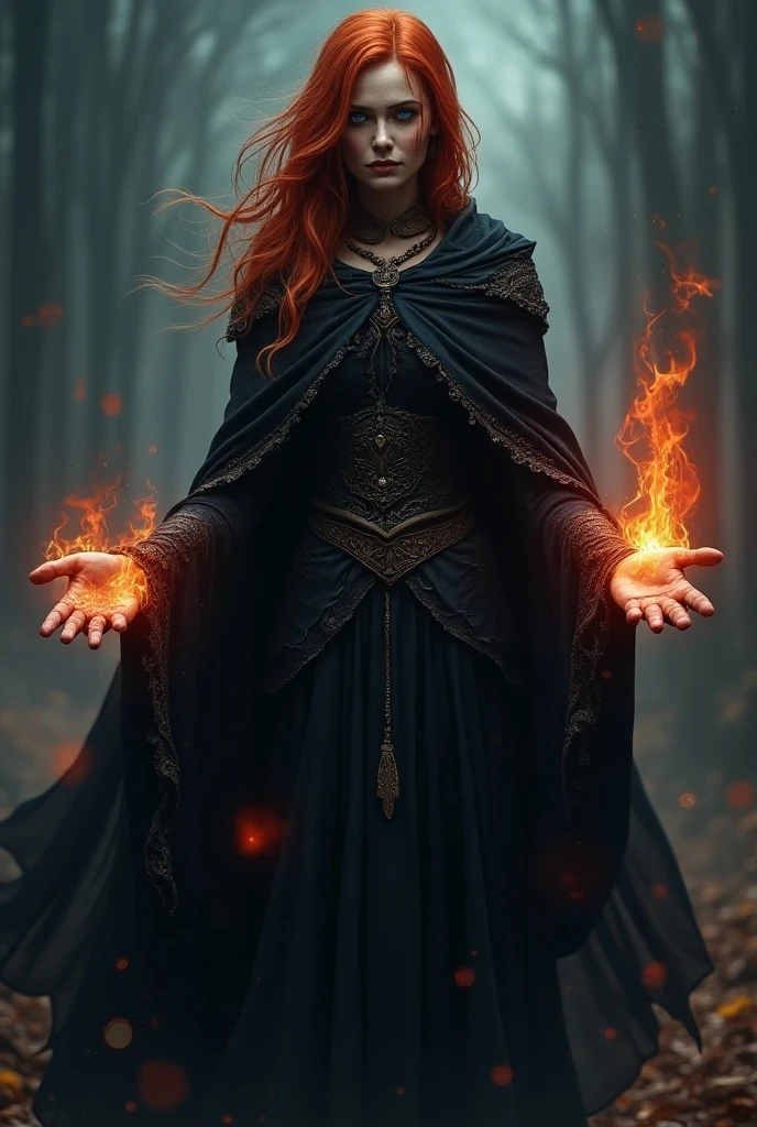 She has fiery red hair. She wears a long black cloak. She has red ...