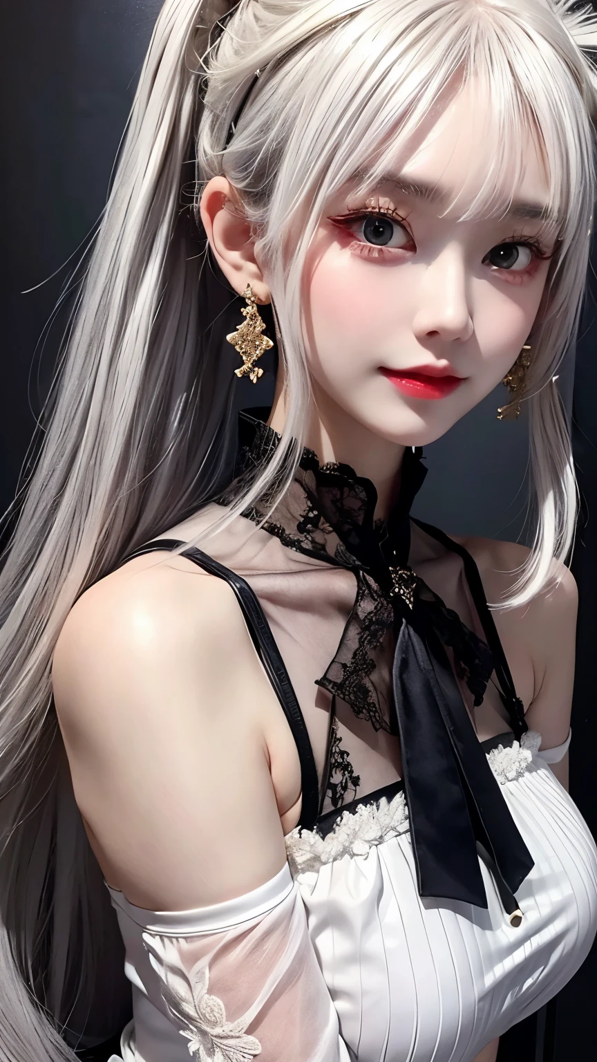 A white haired girl, her hair bunned up, has gray eyes, wearing an ...