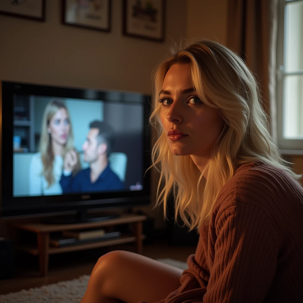 Une jeune femme blonde qui rit aux éclats devant sa television en se ...