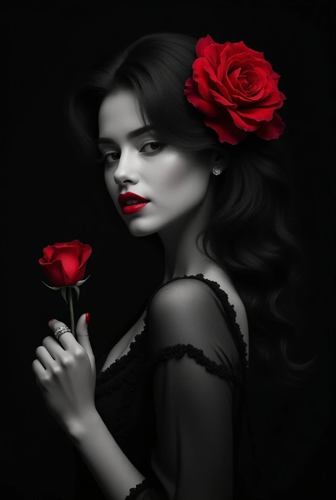 A Beautiful Woman Holding A Rose In Her Hand With A Black And White