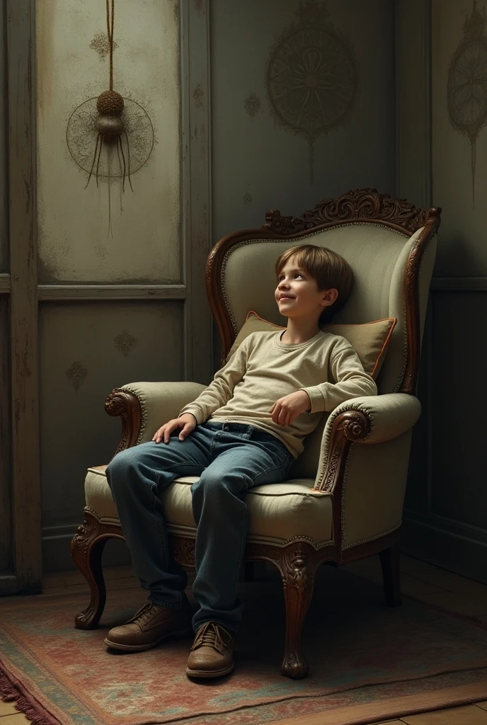 There is a young boy sitting in a chair with a pillow, An image ...