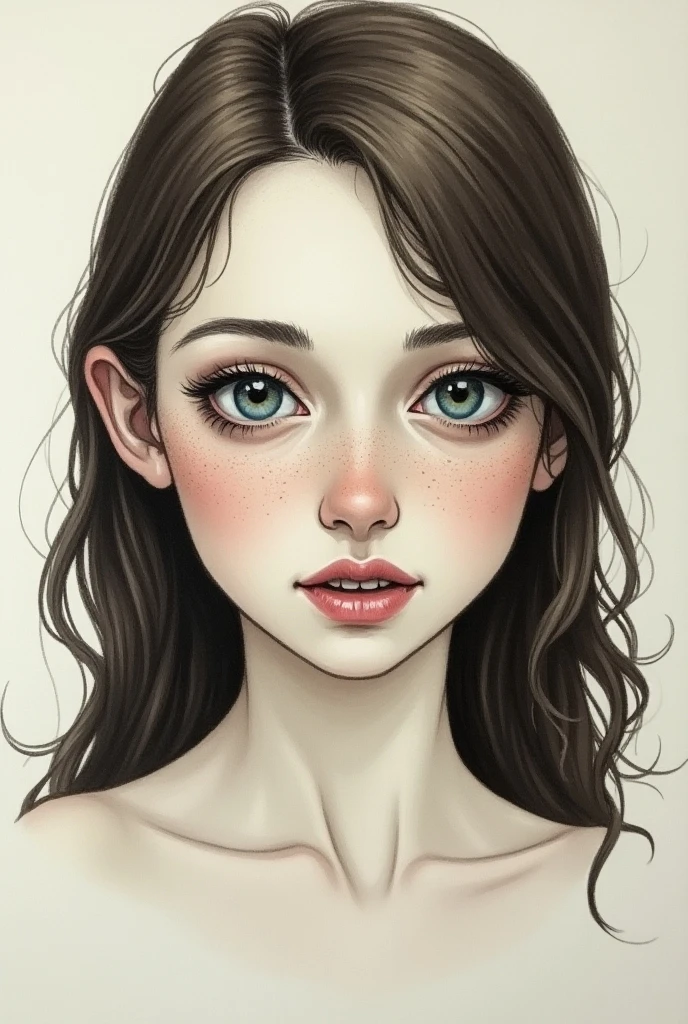 Drawing of a young woman with round and freckled face, with high ...