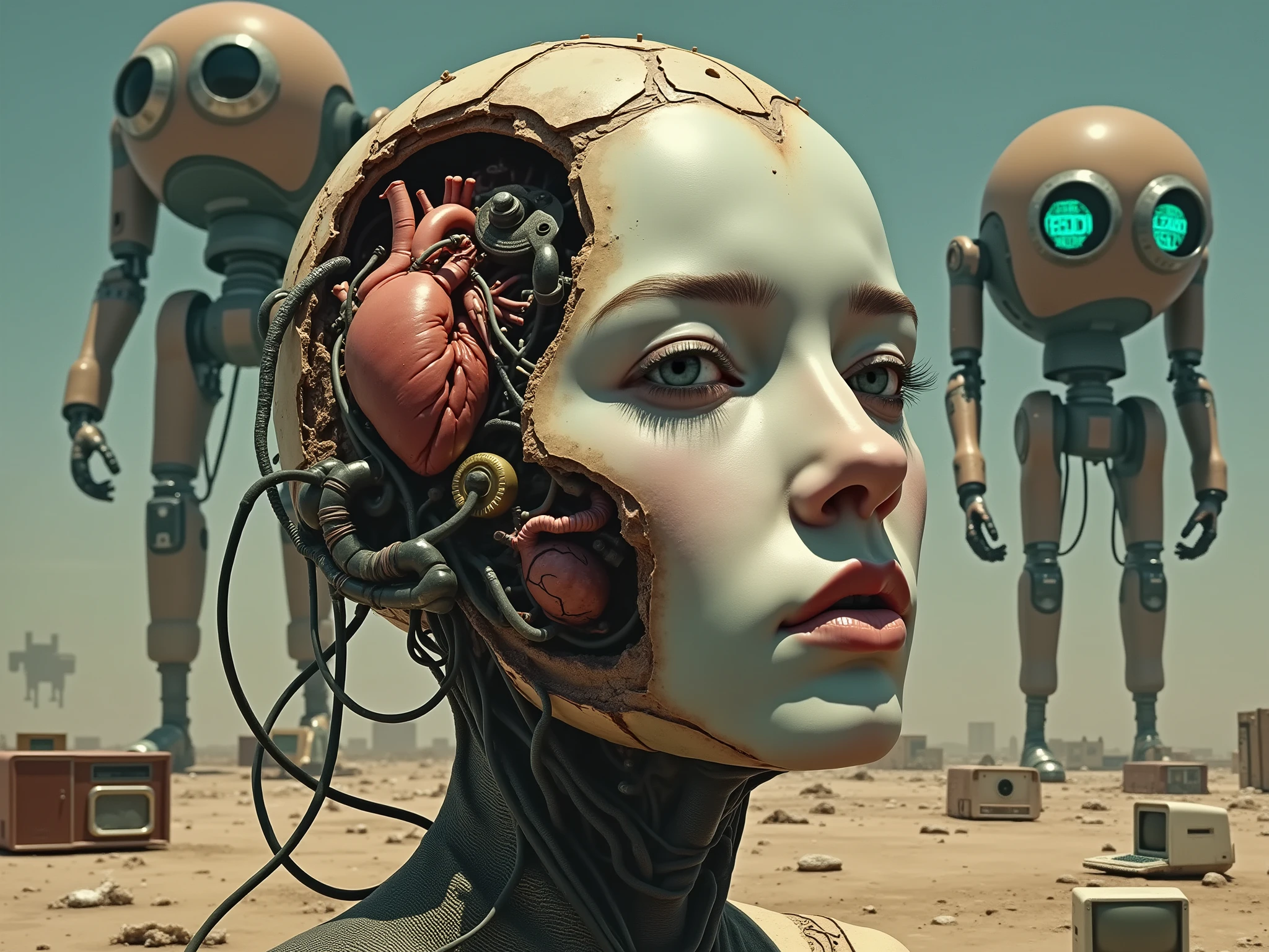 A human face, torn open across the middle, reveals intricate inner ...