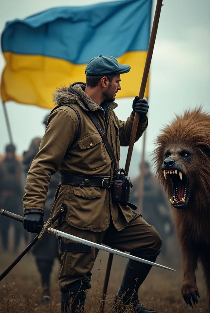 The picture shows a Ukrainian soldier , fighting a horde of Russian ...