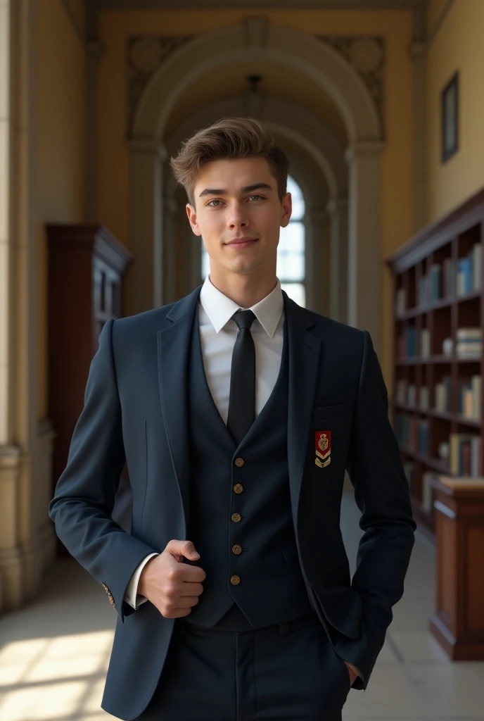 Photorealistic A European man uniform university 19 years old full body ...