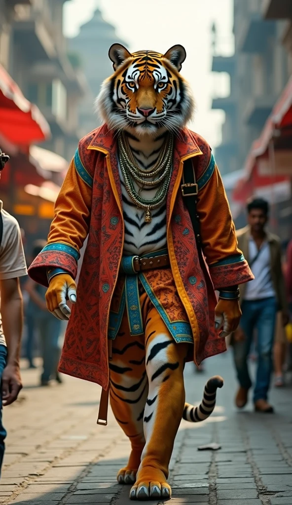 A majestic hybrid tiger representing India, dressed in colorful rapper ...