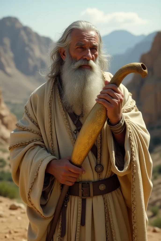 Rustic Old Testament prophet wearing white robes gold tallit over his ...
