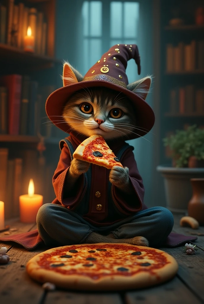 Wizard cat eating pizza - SeaArt AI