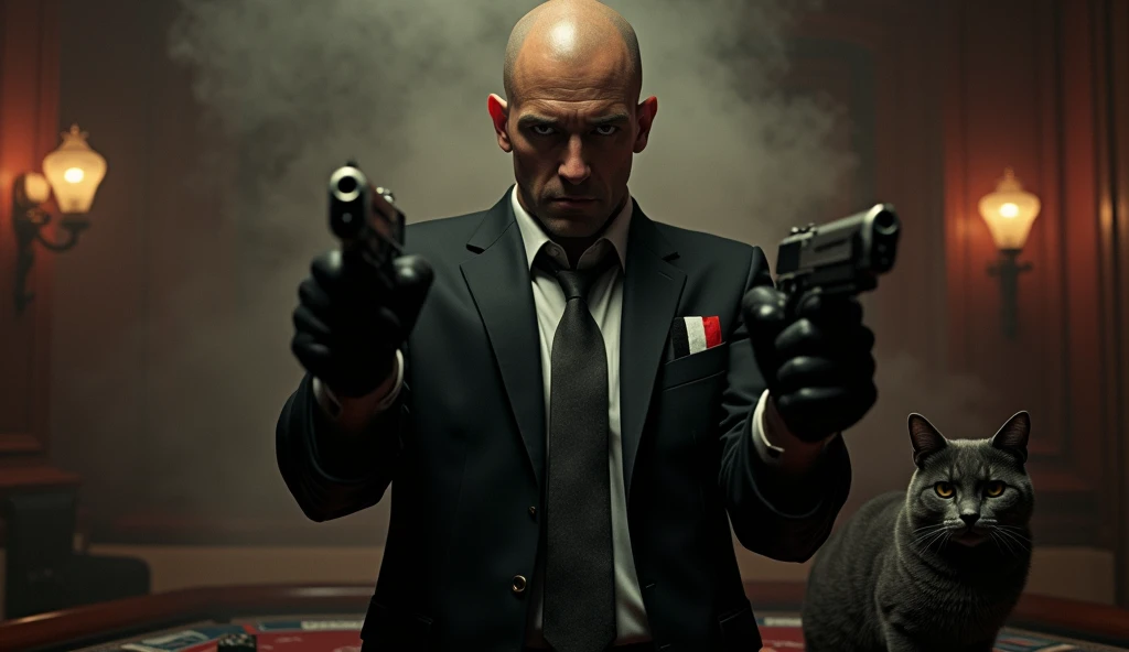 Handsome Hitman agent47 in Belgium , bald, dark casino, fog - SeaArt AI