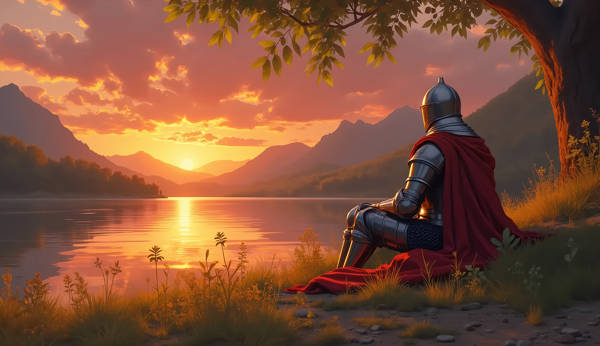 A lone medieval knight in shining armor, seated peacefully in a lush ...