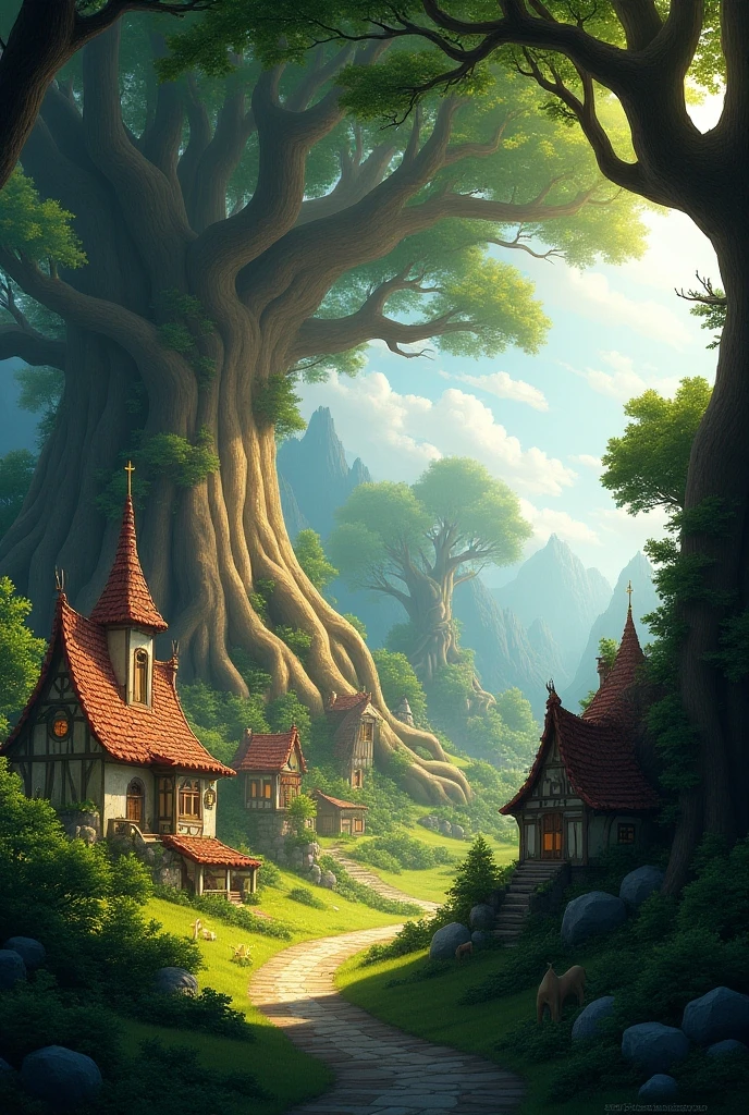 fantasy art 、A town amidst giant trees、 hyperrealism - SeaArt AI