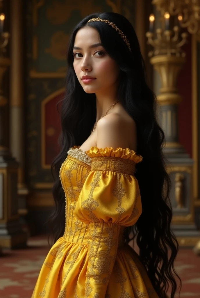 Princess 15th century long hair black, golden dress, Inside Castle ...