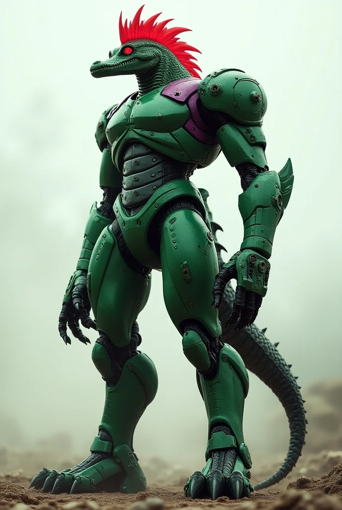 An alligator robot with human anatomy; colors green with dark green ...
