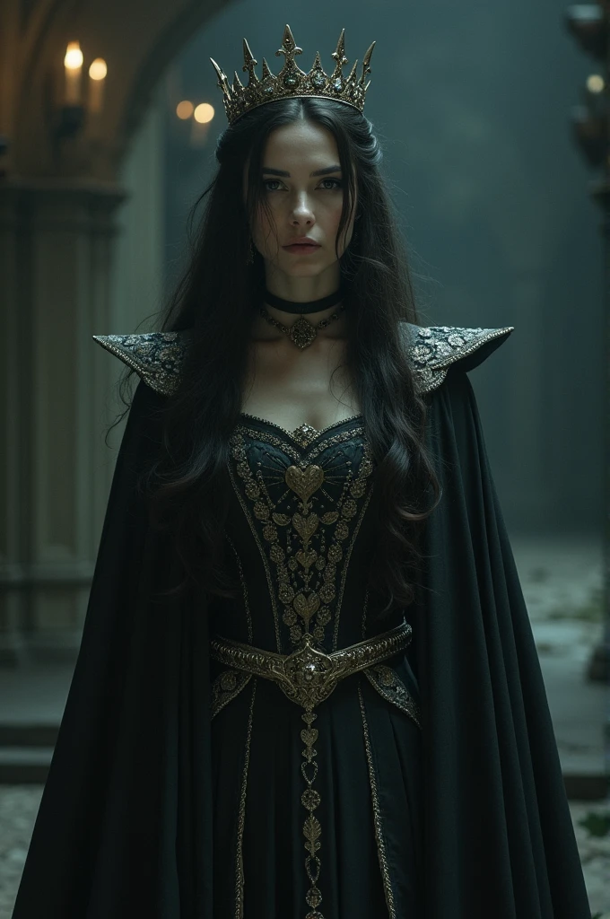 The Queen emerges from the shadows , with a splendid but sad outfit ...