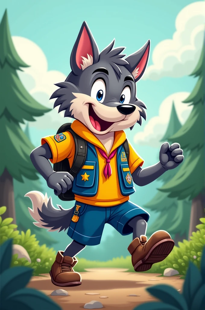 Create a cartoonized wolf scout mascot with blue and yellow clothing ...