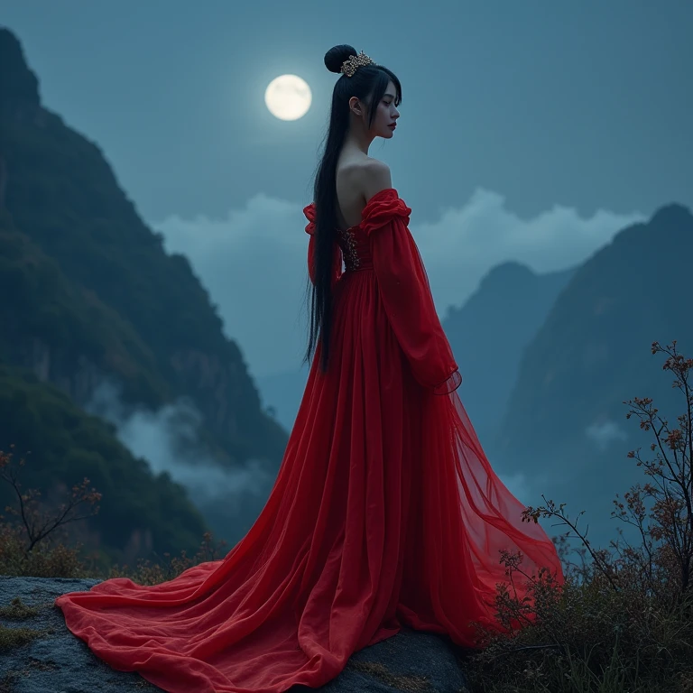 Woman in red dress in ancient China at night，She is standing in the ...