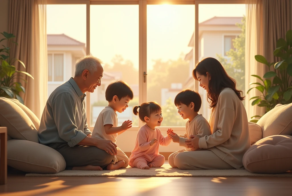 A photo-realistic scene of a joyful multi-generational Japanese family ...
