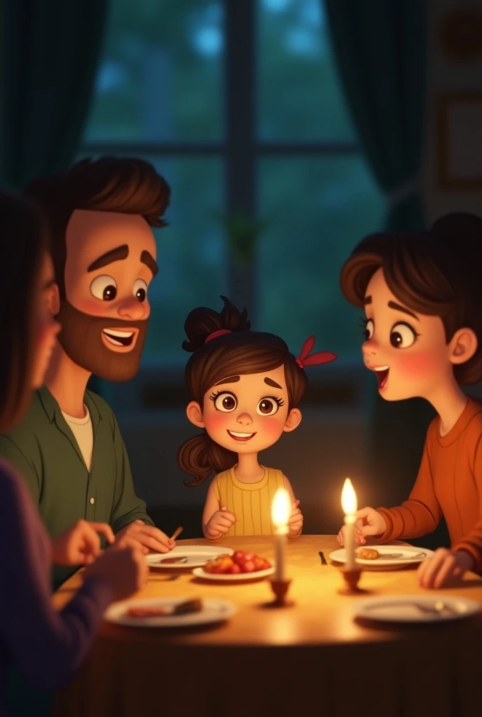 Animated girl having dinner with mom and dad at night - SeaArt AI