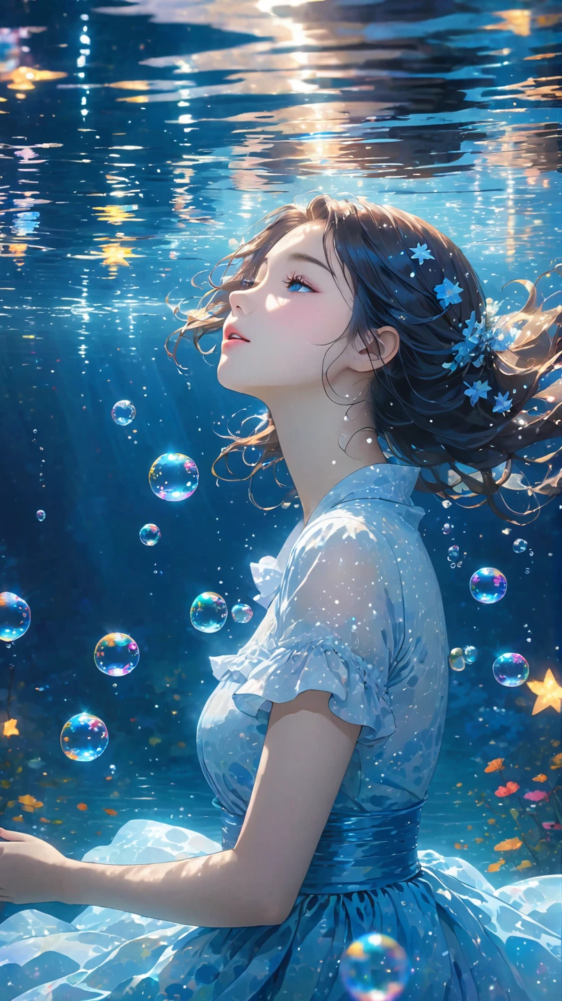 The image depicts an ethereal scene with a person submerged in water ...