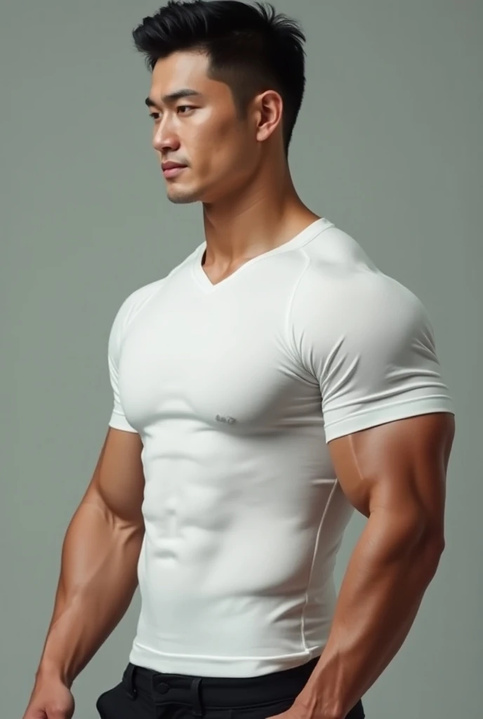 Light skin asian man, muscular with large pecs, side view from waist up ...