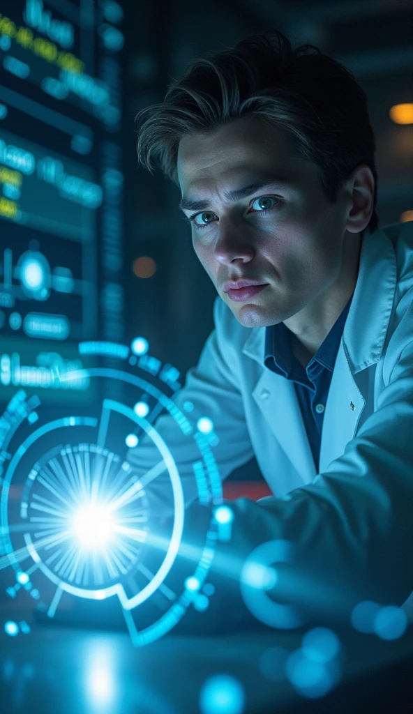 A scientist studies a simulation on a holographic screen showing the ...