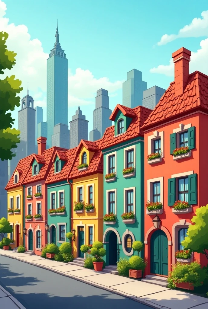 I want 1x4, cartoon style 2d city background, make the city view like ...