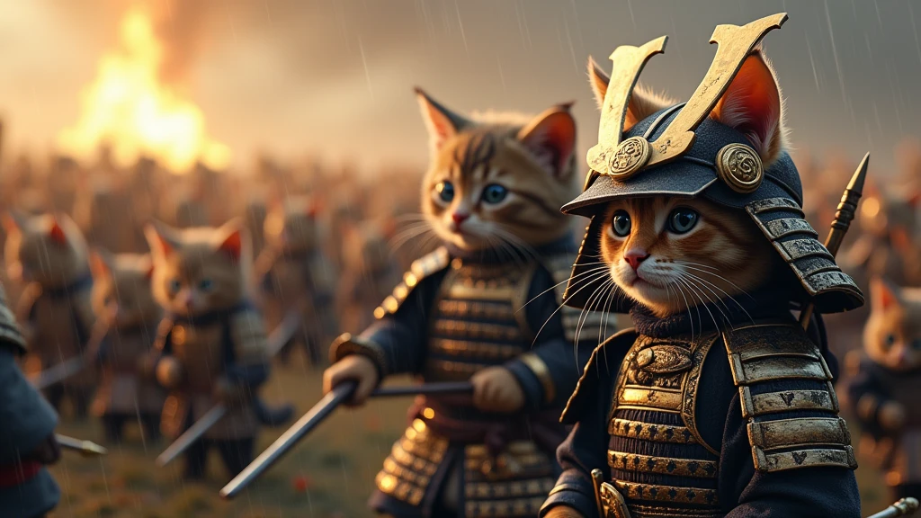 two armies of fighting kittens samurai, Bird's-eye view - SeaArt AI