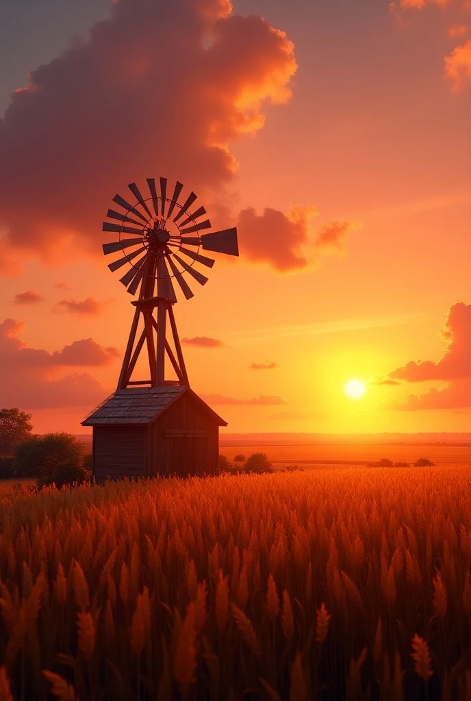 A peaceful landscape featuring a traditional windmill standing tall ...