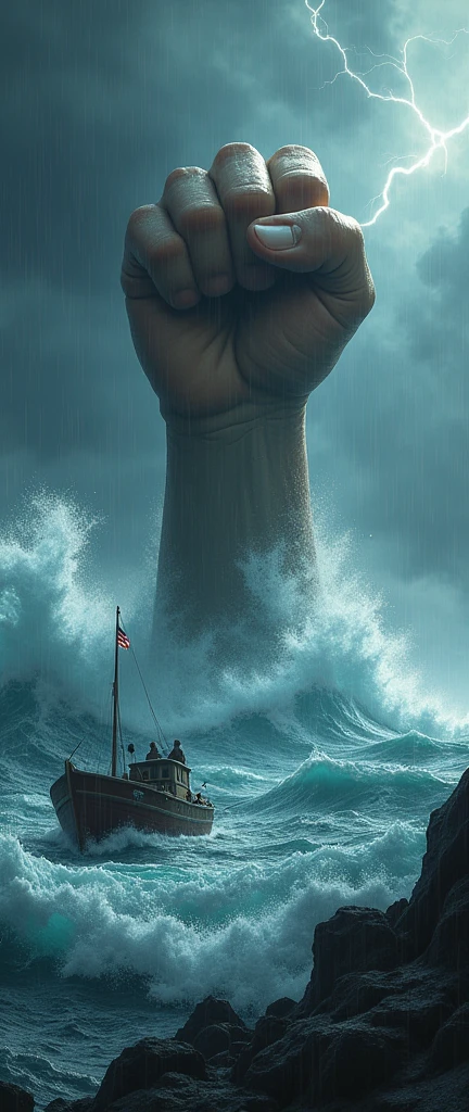 "A powerful fist emerging from the sea, clenched tightly and raised ...