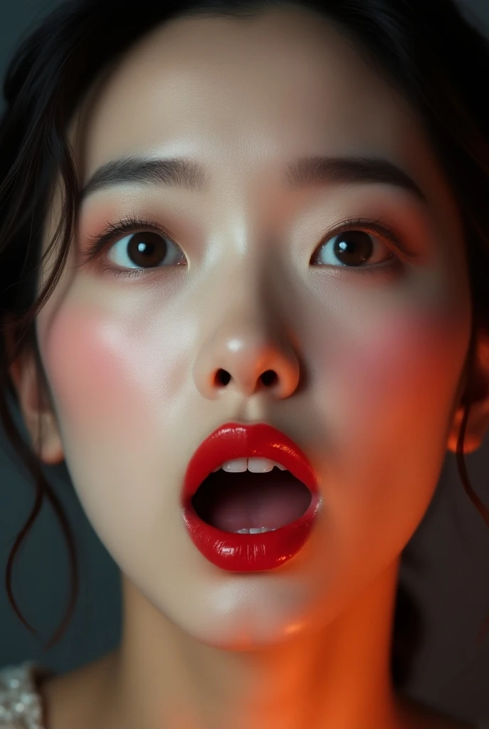 Close-up photo of a wonderful Asian woman with thick makeup opening her bright r - SeaArt AI