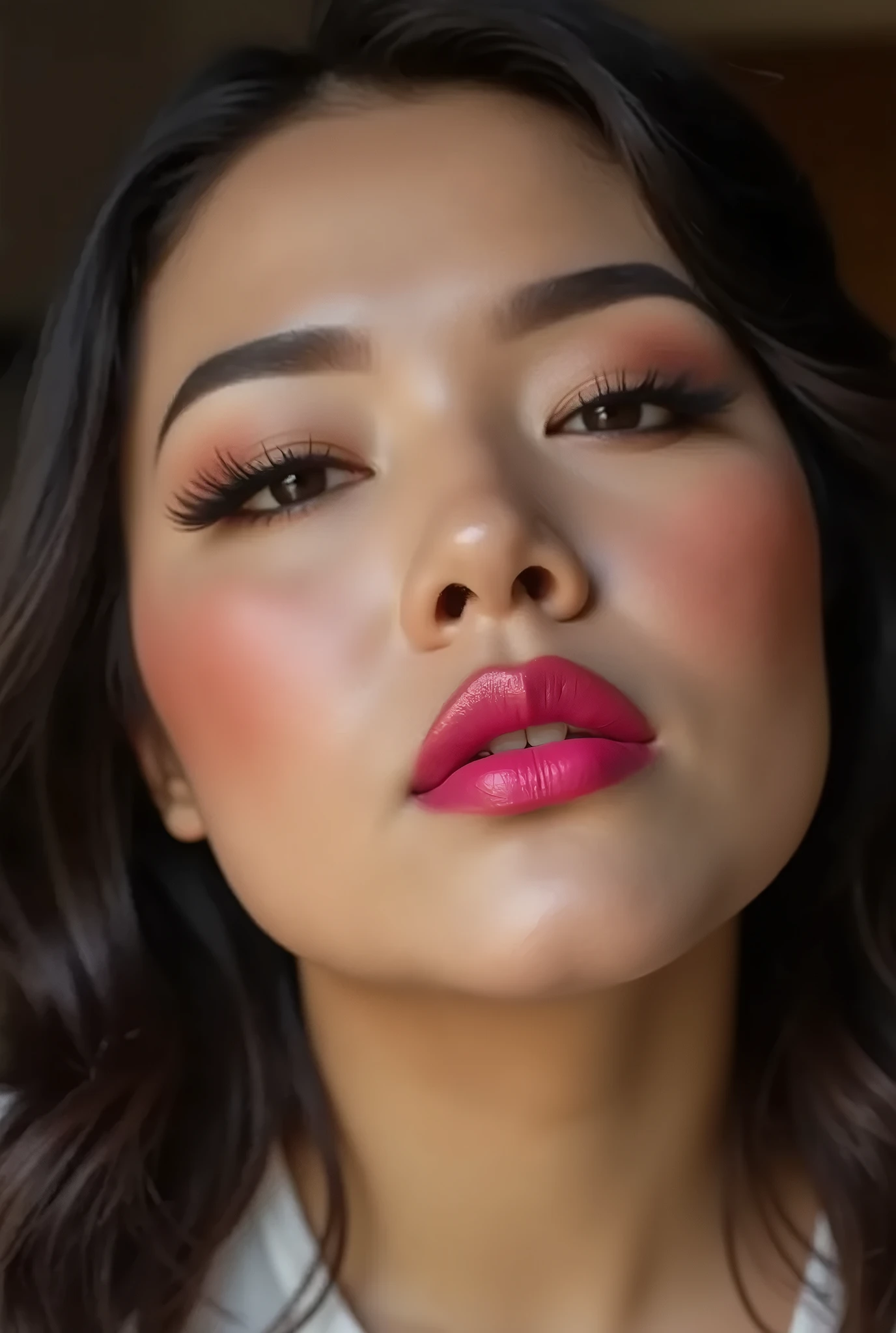 Close Up Photo Of A Fat Asian Woman With Thick Makeup Opening Her Pink