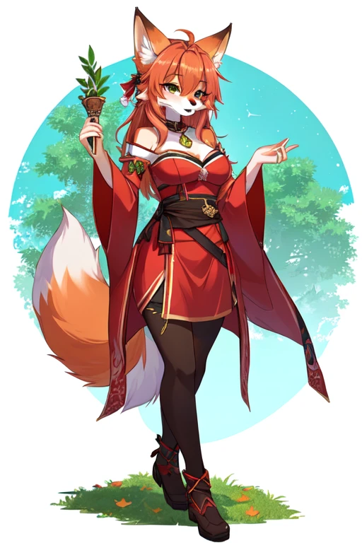 A woman in a red outfit with a green leaf on her shoulder, a beautiful ...
