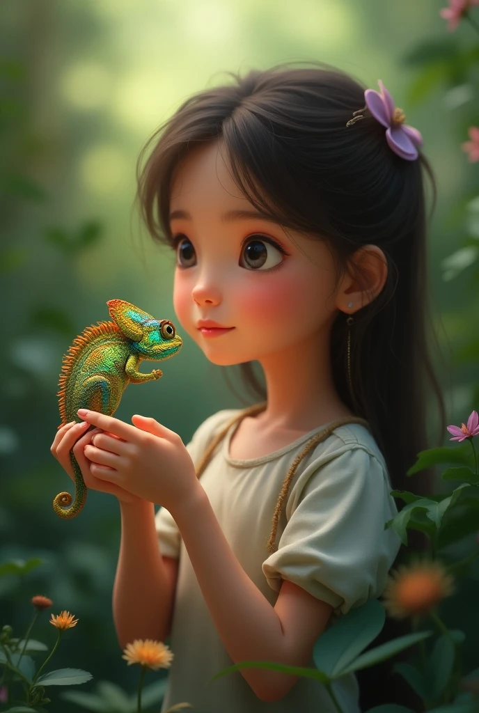 A girl holding a little chameleon that wraps its tail around her finger ...