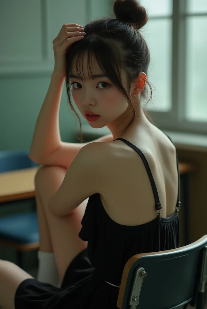 Realistic glowing skin, (Sweat:1.8),sitting backwards,Look back at your face - SeaArt AI