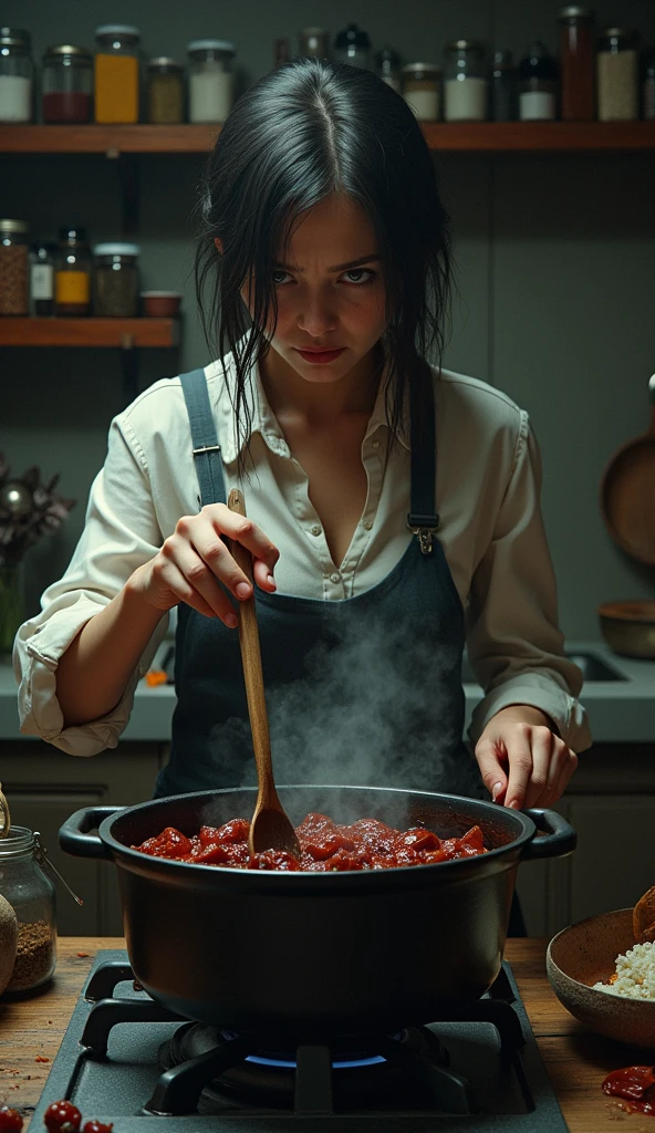 A dramatic scene of a woman at the stove, stirring the unsettling stew ...