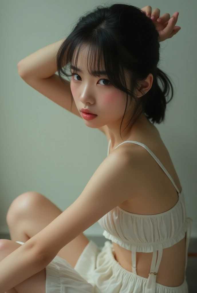 Realistic glowing skin, (Sweat:1.8),sitting backwards,Look back at your face - SeaArt AI