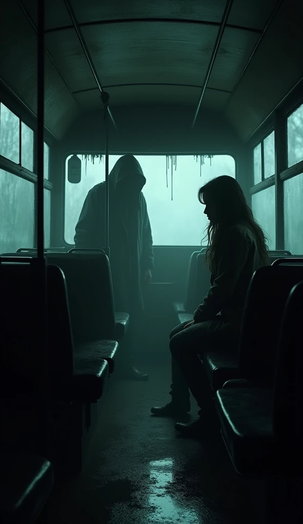 A dimly lit bus interior, with only Sarah sitting at the back - SeaArt AI