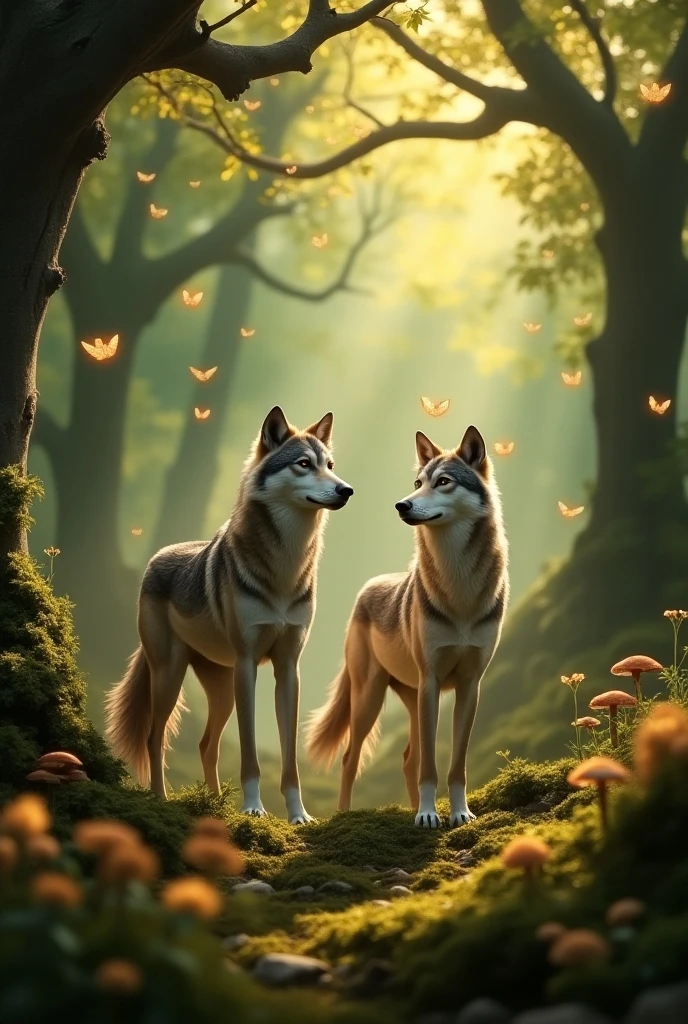 An enchanted forest with fairies in shades of gold and a pair of wolves ...