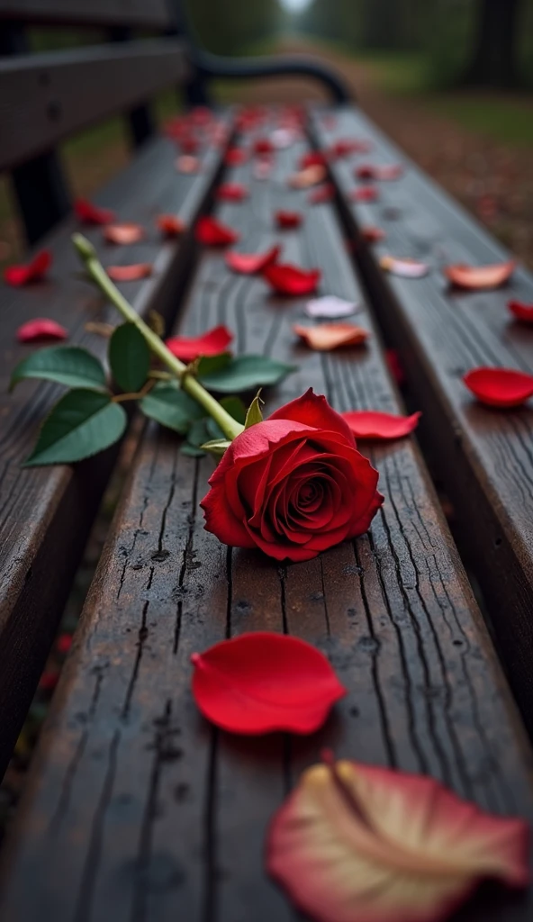 Single red rose lying on a wooden bench, surrounded by fallen petals ...
