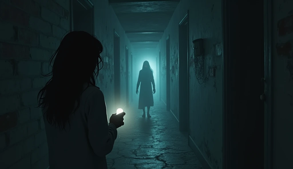 Animated image": A dimly lit hallway with a ghostly figure appearing at the far - SeaArt AI