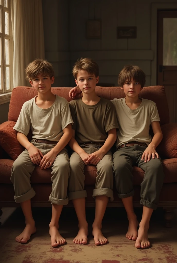Three boys medieval friends handsome barefoot on couch - SeaArt AI