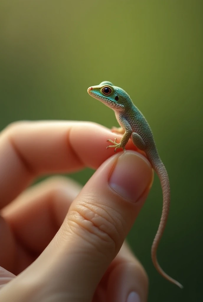A small lizard perched on a finger, its tail curling around the hand ...