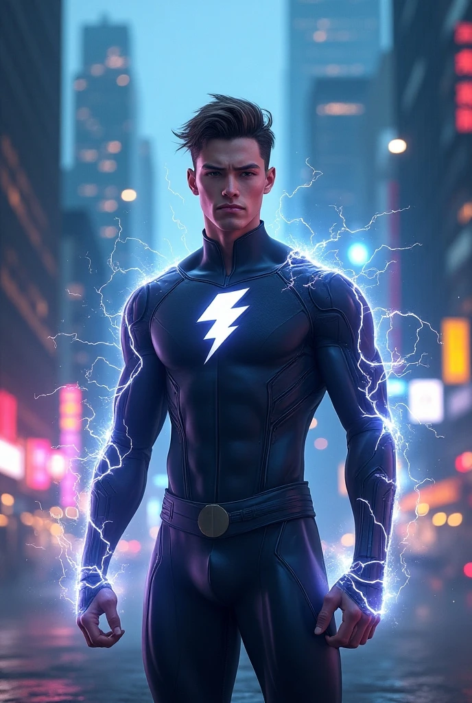 A young male superhero who controls electricity - SeaArt AI