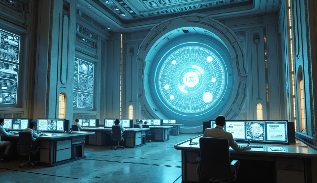 Time Variance Authority headquarters interior with monitor screens and ...